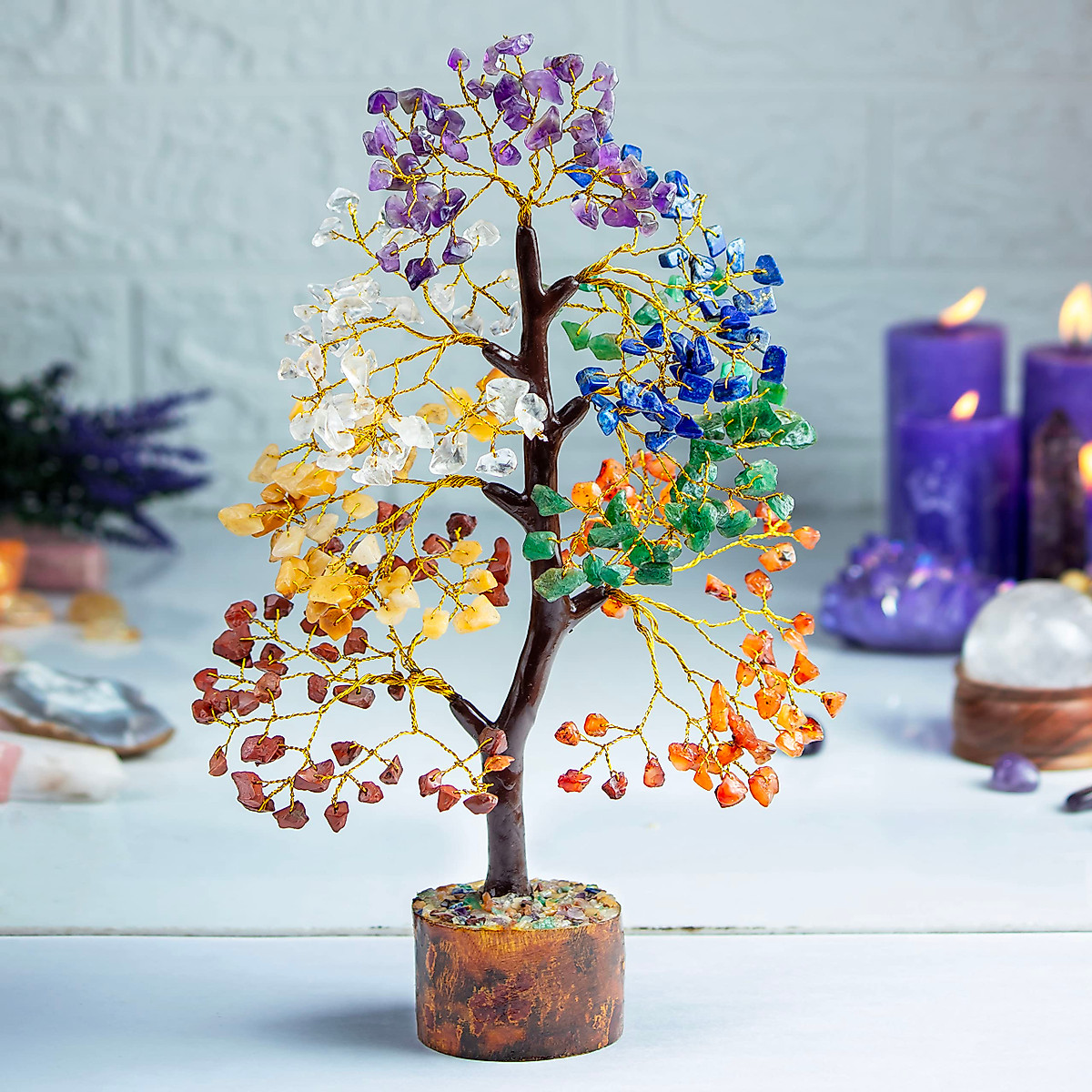 seven chakra tree of life for positive energy - feng shui tree, fake bonsai tree, crystals and healing stones, money tree, room decor 7 chakra tree, stone tree, healing crystals, spiritual gifts