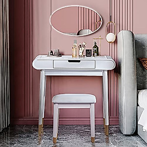 FUQIAOTEC Modern White Makeup Vanity Set, High Gloss Dressing Table with Vanity Stool and Drawer, Minimalism Bedroom Vanity Set Without Mirror, Stable and Durable Solid Wood Legs