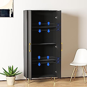 NOVAMAISON 69” Tall Storage Cabinet - Black Storage Cabinet w/ 2 Doors and Adjustable Shelves, Freestanding Kitchen Pantry w/Gold Handles and Legs, Wooden Wardrobe Cabinet for Bedroom, Laundry