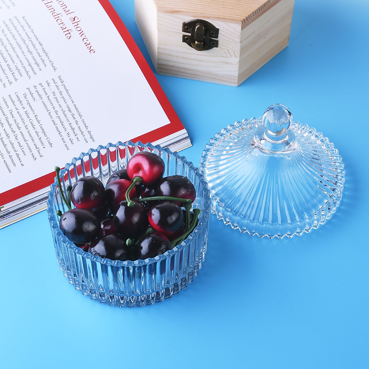 Beautyflier 5” Crystal Castle Candy Dish Stripe Snack Bowl Jar Fruit Container Jewelry Storage Case with Ball Handle Banquet Household Desktop Display Centerpiece
