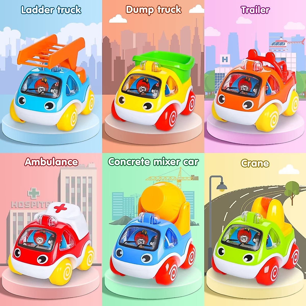 Palmatte Toy Cars for 1 Year Old Boy Gifts 6 Pack Pull Back Cars for Toddlers 1-3 Educational Baby Boy Toys for 12-18 Months Learning Car Toys for Toddlers 1-3 Best One Year Old Boy Birthday Gift