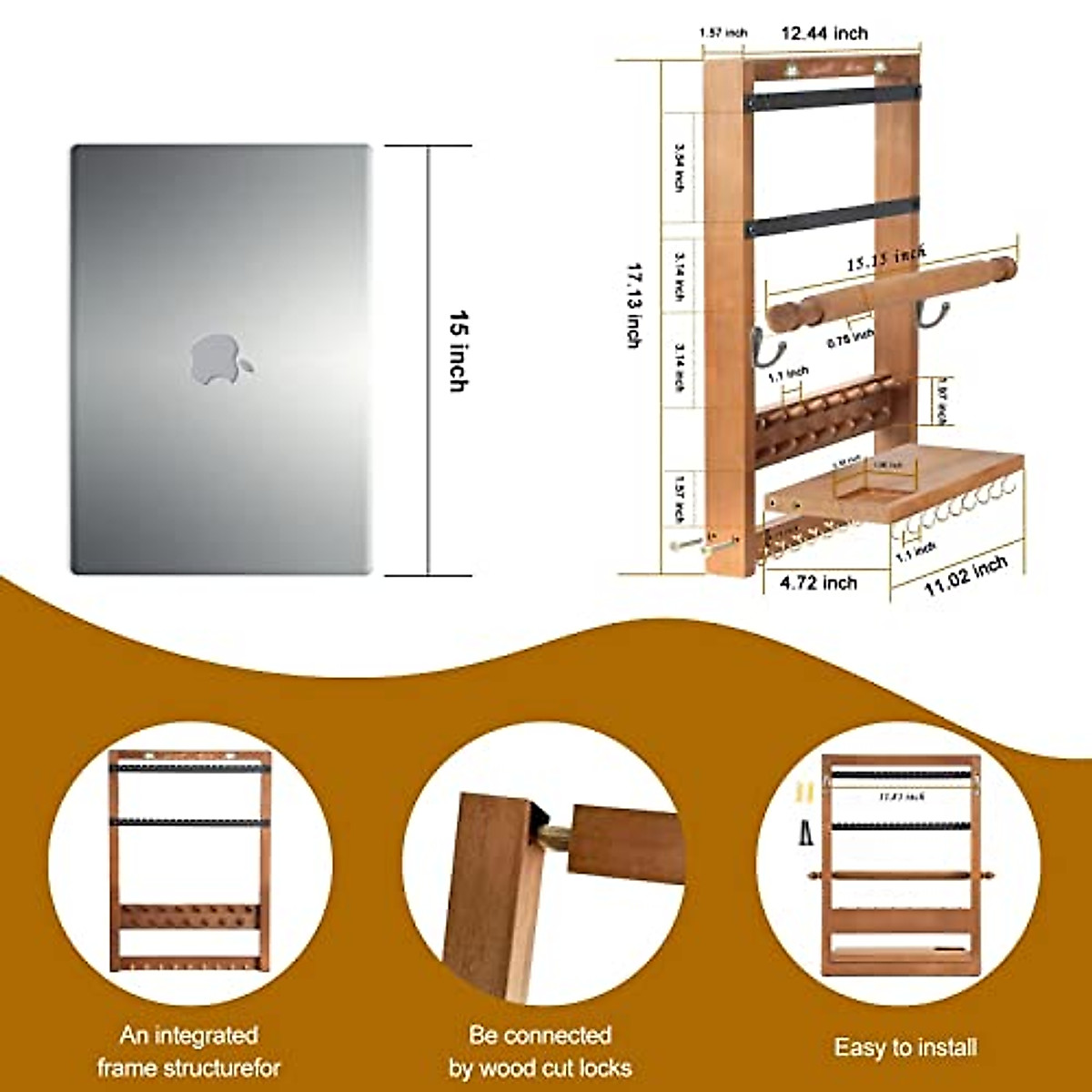 KYLOVHOS Hanging Jewelry Organizer, Wall Mounted, Pine Wood, Rustic Wooden Storage Display for Necklaces, Bracelets, Earrings, Rings (Brown).