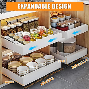 2 Pcs Pull Out Cabinet Organizer, Expandable(12.4"-20.5") Pull Out Drawers for Cabinets Slide Out Drawers for Kitchen Cabinets with Adhesive Nano Film Mounting Adjustable for Kitchen, Pantry (White)