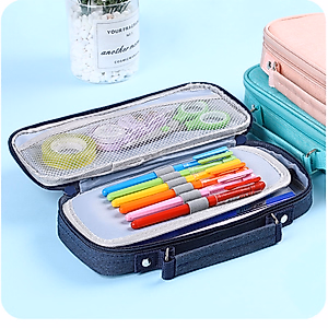 HANXIUCAO Pencil Case Canvas Pen Pencil Pouch Large Capacity Organizer Multifunctional Pencil Bag with Zipper Compartments (Black-A)