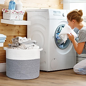 ArcaGuru Cotton Rope Basket, Round Woven Baskets for Storage, Blanket Basket Living Room, Storage Basket with Handles for Book, Clothes for Organizing, 15.8”x15.8”x13.8”, White & Dark Grey