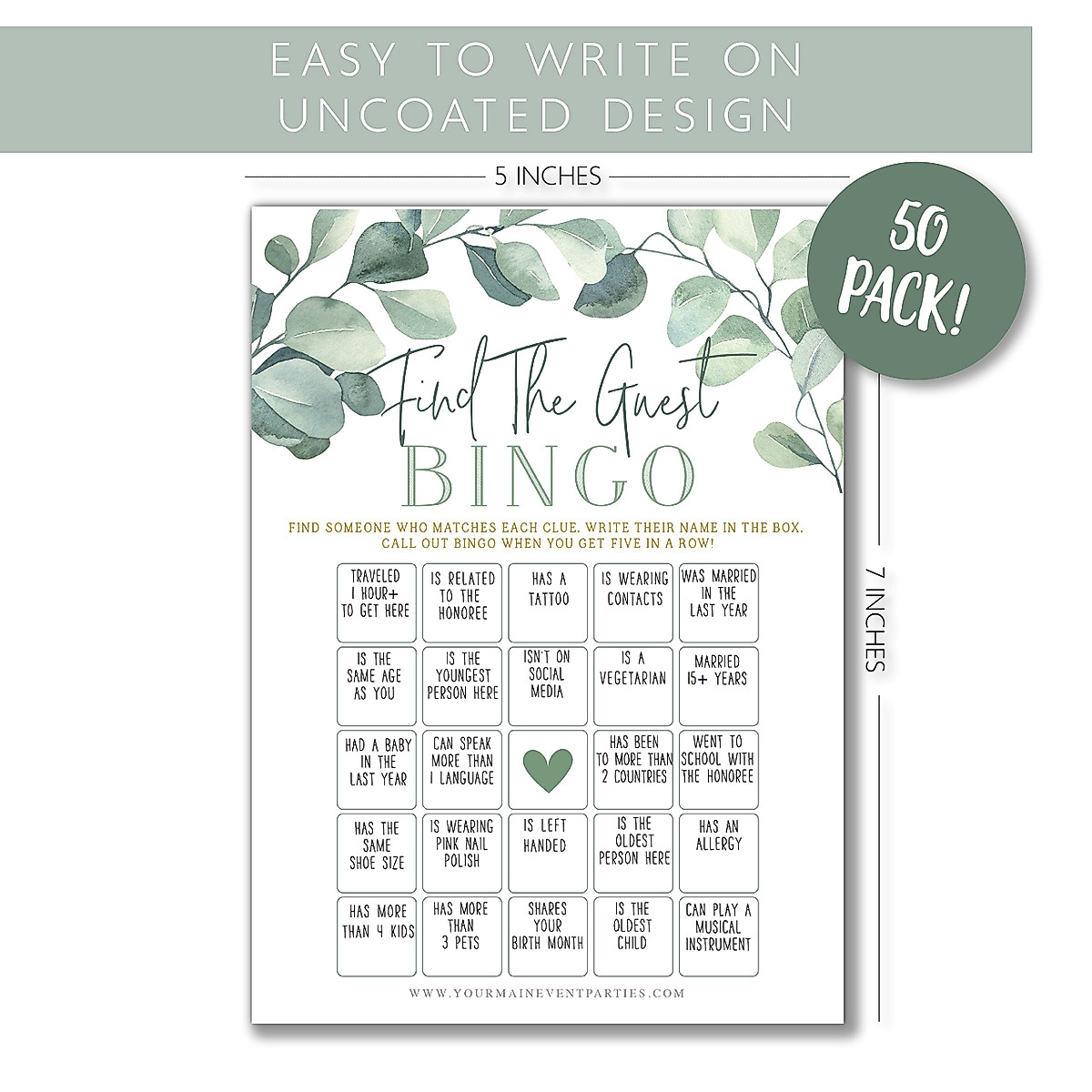 Your Main Event Prints Eucalyptus Floral Find The Guest Bingo Game for Bridal Shower, Baby Shower and Bachelorette Parties, 50 Game Cards Included