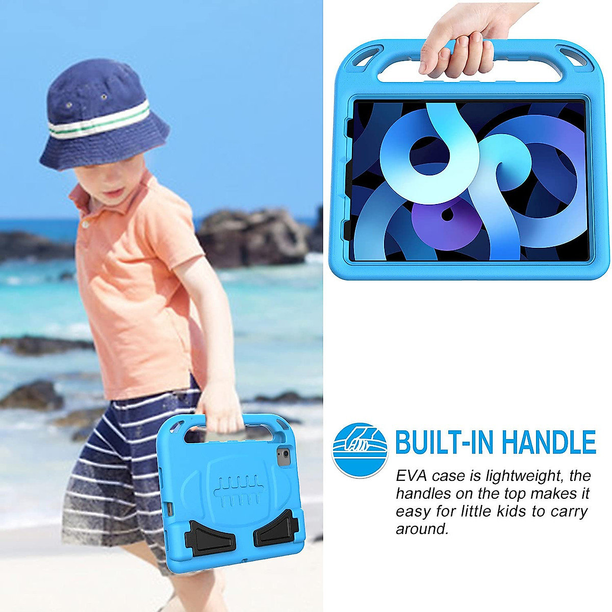 SUPNICE Kids Case for New iPad Air 5th Generation 2022, iPad Air 4th Generation 2020, iPad Air 10.9 Case with Built-in Screen Protector, EVA Shockproof Lightweight Handle Stand Kids Case, Blue