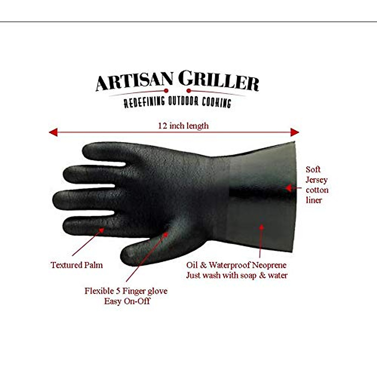 Artisan Griller BBQ Insulated Heat Resistant Cooking Gloves for Grill and Kitchen, Black (Size 10 - 12")