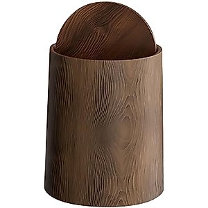 8L Trash Can with Lid - 2.1-Gallon Walnut Brown Wood Grain Bathroom Garbage Can with Swing Top Lid - Minimalist Diaper Trash Can w Removable Interior Waste Bucket - Dustbin for Office, Bedroom