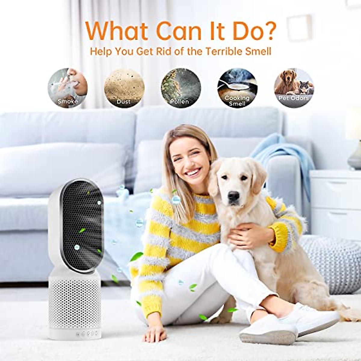 HEPA Air Purifiers for Bedroom, QUEENTY Room Air Purifier Ionizer with H13 True HEPA Filter, 40° Rotation Air Purifiers for Pets, Home, Remove 99.97% Dust Smoke Pollen Pet Dander (White)