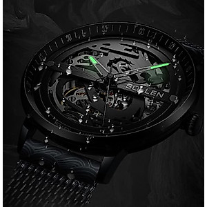 SOLLEN Black Automatic Watches for Men, Minimalist Slim Stainless Steel Watch, Waterproof Skeleton Watch with Dragon Pattern, Gift for Male