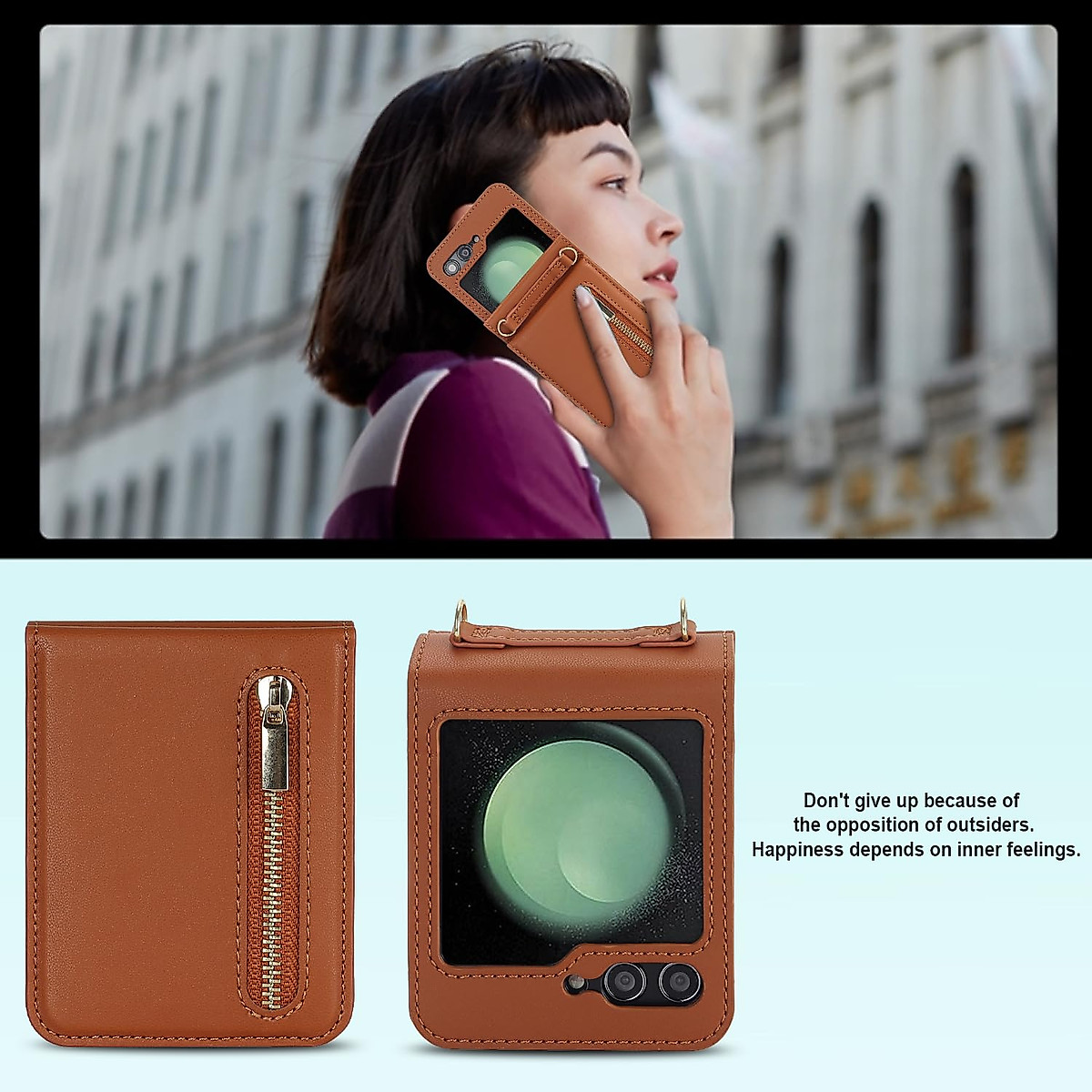 XIMAND for Samsung Galaxy Z Flip 5 Luxury Zipper Wallet Phone Case, Multi-Function Kickstand Card Holder Adjustable Crossbody Strap, Fashion Flip Case.(Brown)