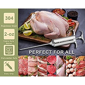 Culinary Hutch Meat Injector Syringe with Meat Tenderizer - 304-Stainless Steel Meat Injector Syringe Kit, 3 Needles, 3 Brushes, O-Rings set - Grilling, BBQ Accessories, 2-oz Large Capacity Barrel
