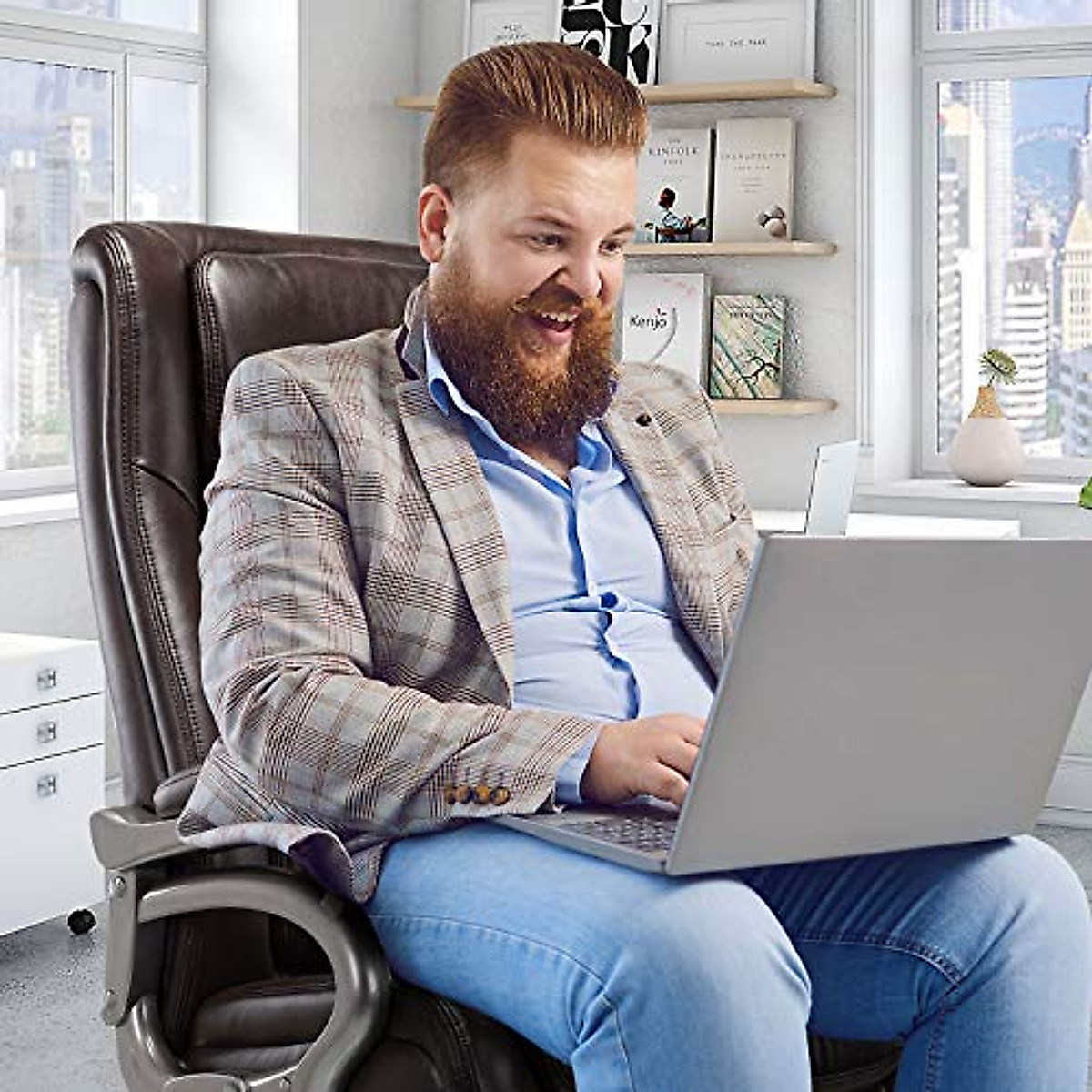 Big & Tall 400lb Office Chair - High Back Executive Computer Chair Heavy Duty Metal Base and Adjustable Tilt Angle Large Bonded Leather Desk Swivel Chair, Ergonomic Design for Lumbar Support (Brown)