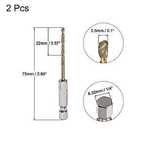 uxcell 2 Pcs High Speed Steel Hex Shank Twist Drill Bit, 2.5mm Drilling Dia with 1/4 Inch Hex Shank 75mm Length