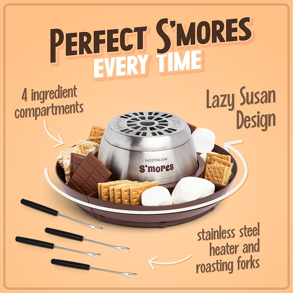 Nostalgia Electric S'mores Maker, Tabletop Indoor Machine with 4 Compartment Trays for Graham Crackers, Chocolate, Marshmallows, 4 Forks, Stainless Steel