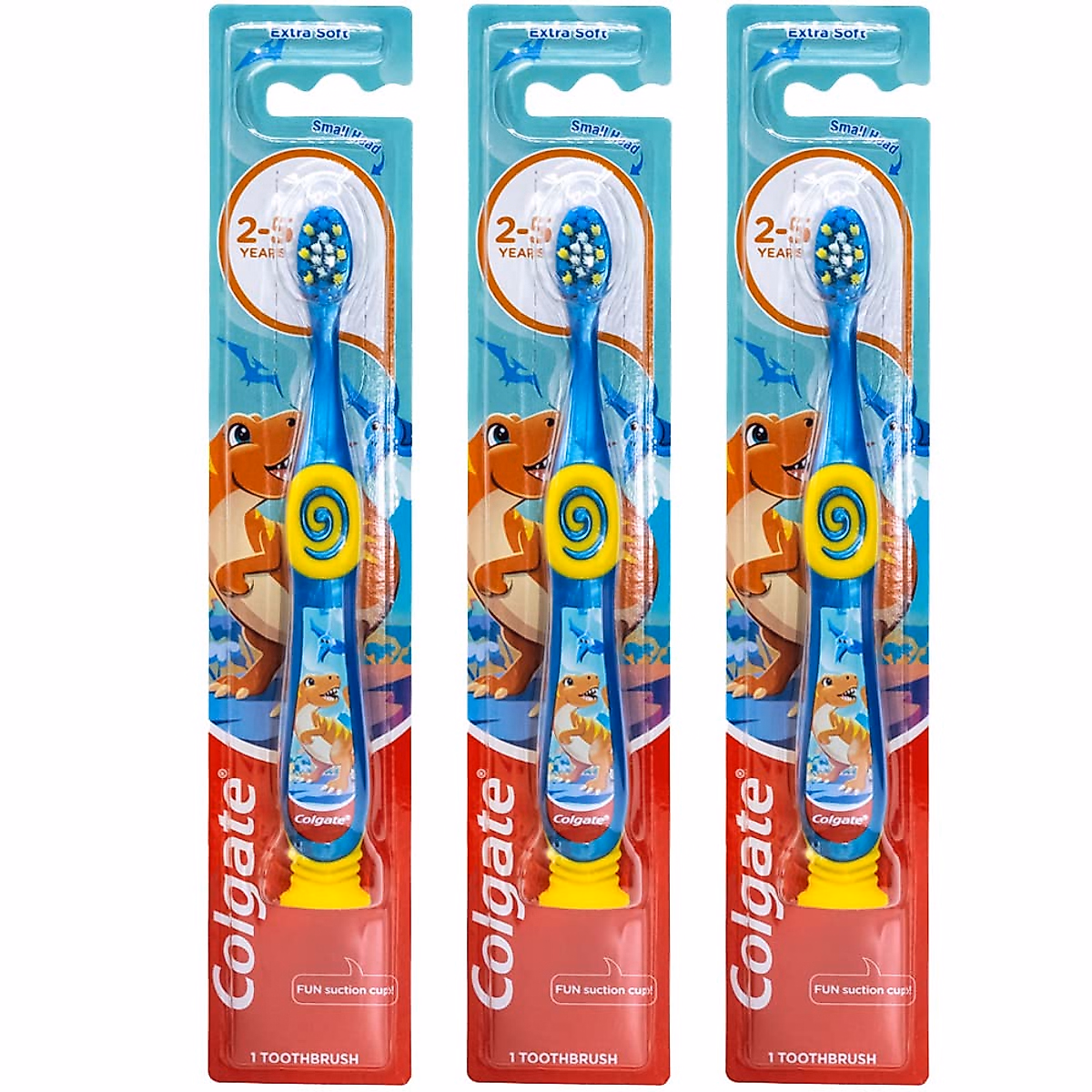 Colgate Dinosaur Toothbrush for Children with Suction Cup, Kids 2-5 Years Old, Extra Soft - Pack of 3