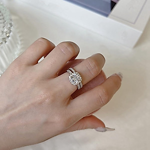 Halo Wedding Ring Set for Women Bridal Sets Wedding Rings Platinum Plated Silver, 1-1/2 Carat (ctw) Moissanite Engagement Ring Set White Gold Anniversary Promise Rings(size 8.5)