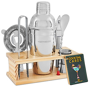 Mixology Bartender Kit with Stand | Silver Bar Set Cocktail Shaker Set for Drink Mixing - Bar Tools: Martini Shaker, Jigger, Strainer, Bar Mixer Spoon, Tongs, Opener | New Bartender Gift Idea