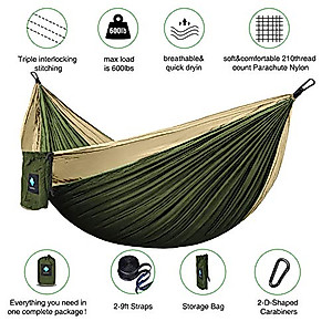 Double Hammocks for Camping, Portable Parachute Hammock for Outdoor Hiking Travel Backpacking - Hammocks Swing for Backyard & Garden 78''W 118''L (Khaki/Green)