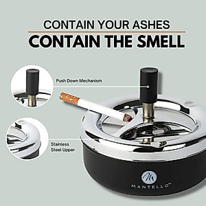 Mantello Round Push Down Cigarette Ashtray with Spinning Tray, Large, Black