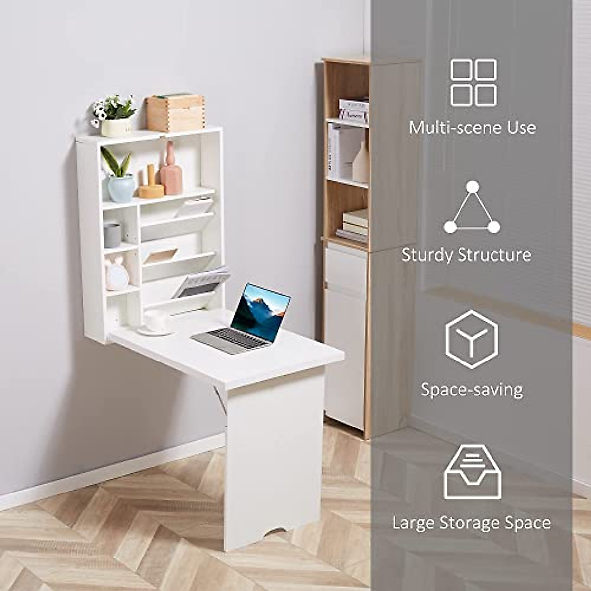 HOMCOM Compact Fold Out Wall Mounted Convertible Desk with Storage, White