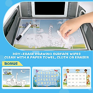 MENZOKE Kids Travel Tray Car Seat Tray for Boys or Girls Travel Gifts with Educational Drawing Board, Tablet Holder & Cooler Cup Holder, Road Trip Essentials for Car Trip, Airplane, Grey