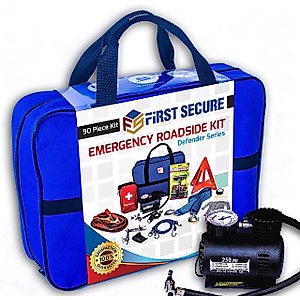 FIRST SECURE 90 Piece Car Emergency Roadside Kit Tool Set w/Safety Kit for Women & Men - Essential Safety & Survival Assistance Kit for Travel, Camping, Road Trip, Truck, SUV