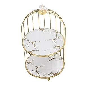 Syrisora Double Layer Storage Shelf Bird Cage Organizer Display Rack for Bathroom Countertop Dressing Table Gold Frame (White Base Gold Pattern)
