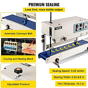 VEVOR Continuous Band Sealer, 0.24-0.6 in/6-15 mm Seal Width, FR900 110V/60Hz Vertical Sealing Machine, Band Heat Sealer with Digital Temperature Control for PVC Membrane Bag Film