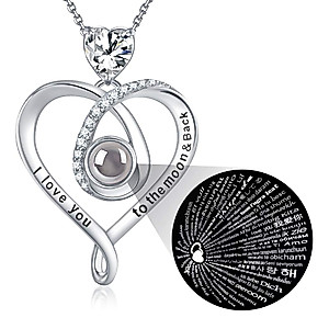 I Love You Necklace 100 Languages to the Moon and Back Jewelry for Wife Mom Birthday Gifts Sterling Silver Simulated Diamond Necklace