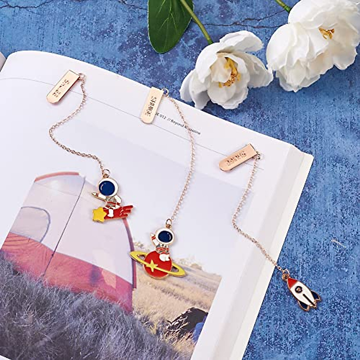 Beadthoven 8pcs Space Theme Metal Bookmarks with Chain Metal Enamel Charms Cute Astronaut Planet Rocket Metal Book Marker Page Clip Pendants for Student Kids School Office Book Reading Supplies
