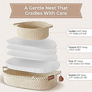 Kiddo Vibes Baby Changing Basket Set w/Comfy Fluted Pad, 3 Waterproof Bamboo Jacquard Covers & Large Matching Diaper Caddy, Reinforced Cotton Rope Moses Basket w/Built-in Safety Belt CPSC Compliant