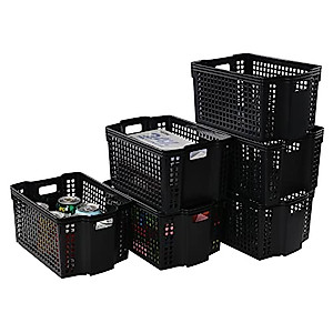 Gloreen 6-Pack Plastic Stackable Baskets, Black, Stacking Storage Bins