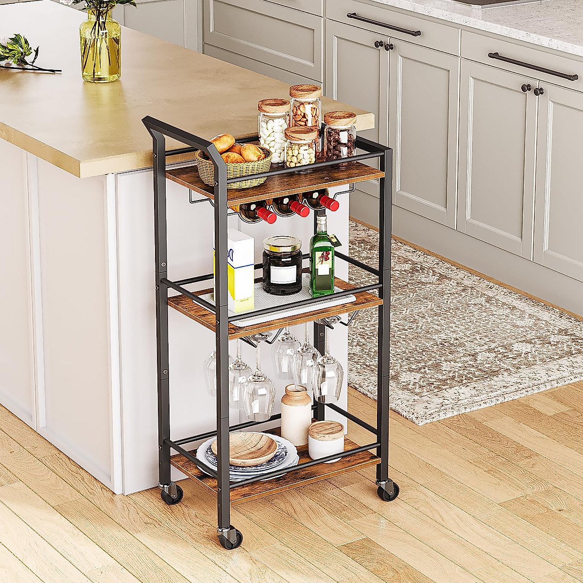 HOOBRO Bar Cart, Home Bar Serving Cart with 3-Tier Mirrored Shelf, Microwave Cart, Drink Cart, Mobile Kitchen Shelf with Wine Rack, Rolling Beverage Cart, Rustic Brown and Black BF38TC01