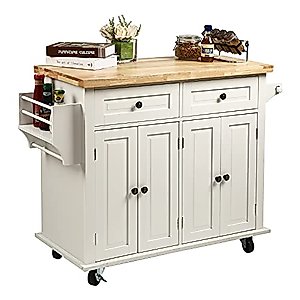 NSdirect Kitchen Island Cart,Kitchen Bar&Serving Cart Rolling on Wheels with Spice Rack Towel Holder Utility Storage Trolley with Storage Drawers for Home Hotel Kitchen Dinning Room(White)