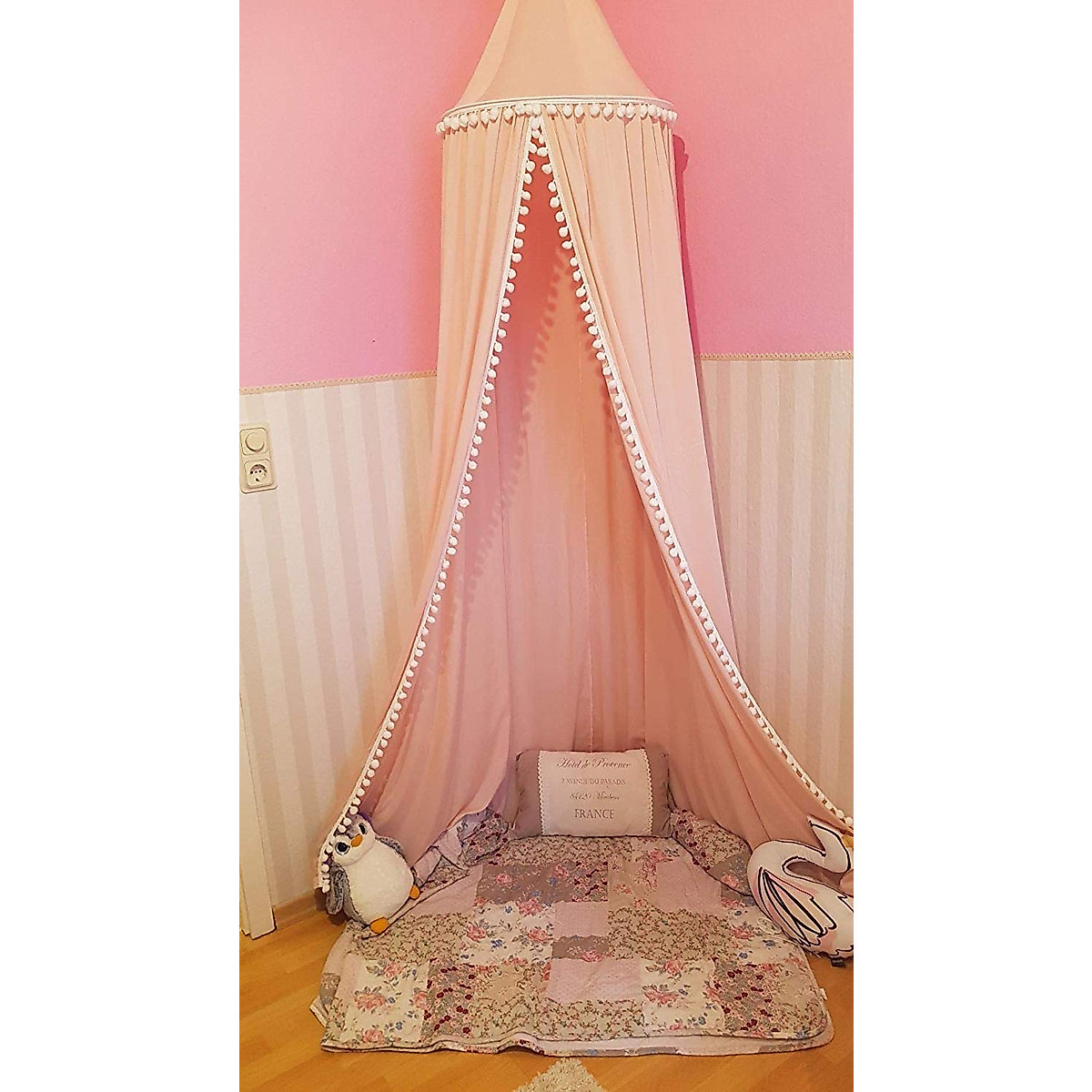 Bed Canopy for Girls Bed with Pom Pom, Cotton Dome Mosquito Net for Baby, Kids Indoor Outdoor Playing Reading, Bedroom Decoration (Peach Pink)