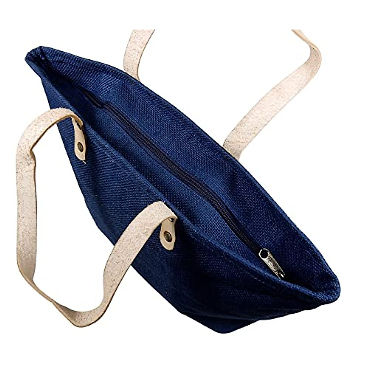 Jute Tote Bag With Leather Handles - Burlap Tote Bags With Zipper, Burlap Purse, Shopping tote Bag for women, Handbag (Navy Blue)