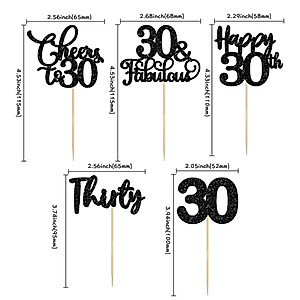 30 Pack Happy 30th Birthday Cupcake Toppers Black Glitter Thirty Cheers to 30 Birthday Cupcake Picks for Happy 30th Birthday Anniversary Party Cake Decorations Supplies