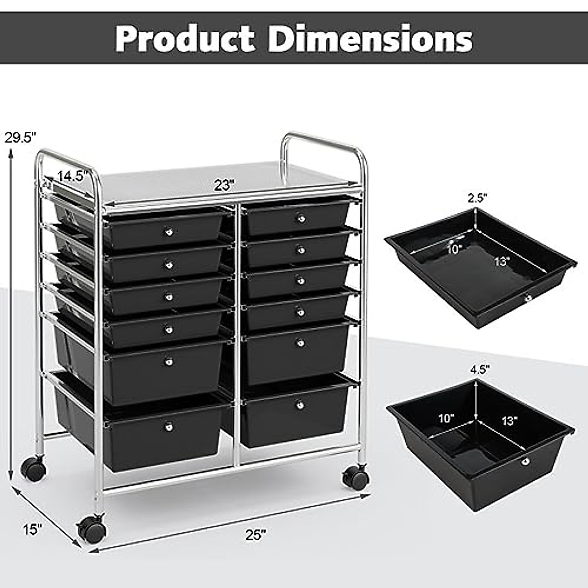 12-Drawer Rolling Storage Craft Cart and Organizer - Rolling Organizer Cart Tools and 4 Universal Casters (Black)