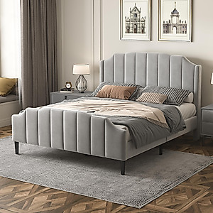 RUNWON Queen Size Upholstered Platform Bed,Bed Frame with Headboard and Footboard for Living Room/Bedroom, Velvet Fabric,Gray