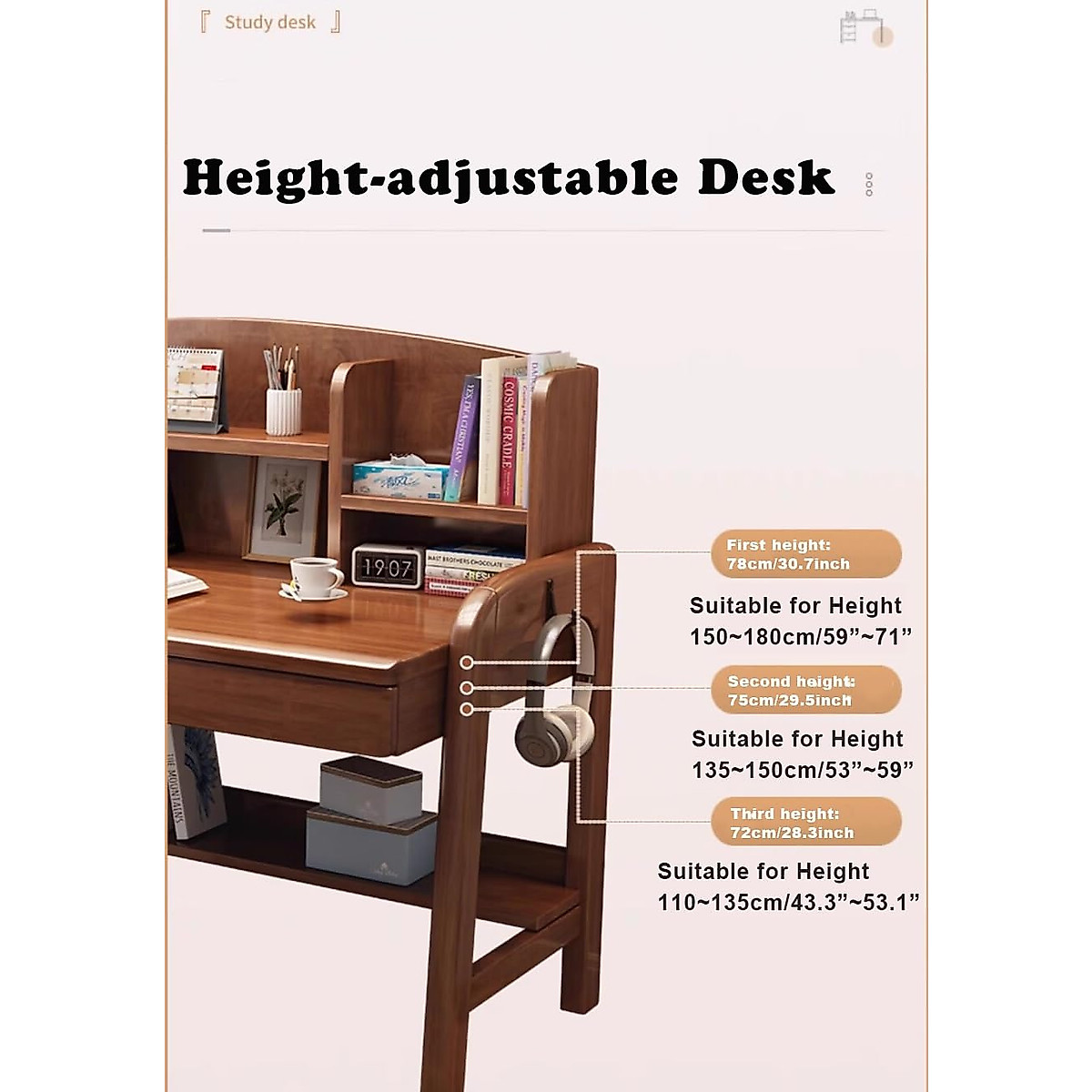 Solid Wood Desk Kids Desks with Drawers and Bookshelf, Height-Adjustable Desk Suit for All Ages, Learning Computer Workstation Writing Desk with Hooks, Study Home Office Desk ( Color : White with chai