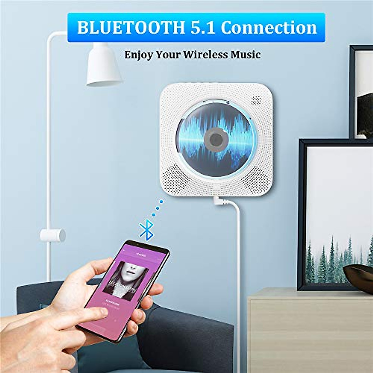 Qoosea CD Player with Bluetooth, Portable Wall Mountable CD Player with Dust Cover, Small Kpop CD Player Gift Home Audio Boombox with Remote Control FM Radio Colorful Light Headphone Jack AUX