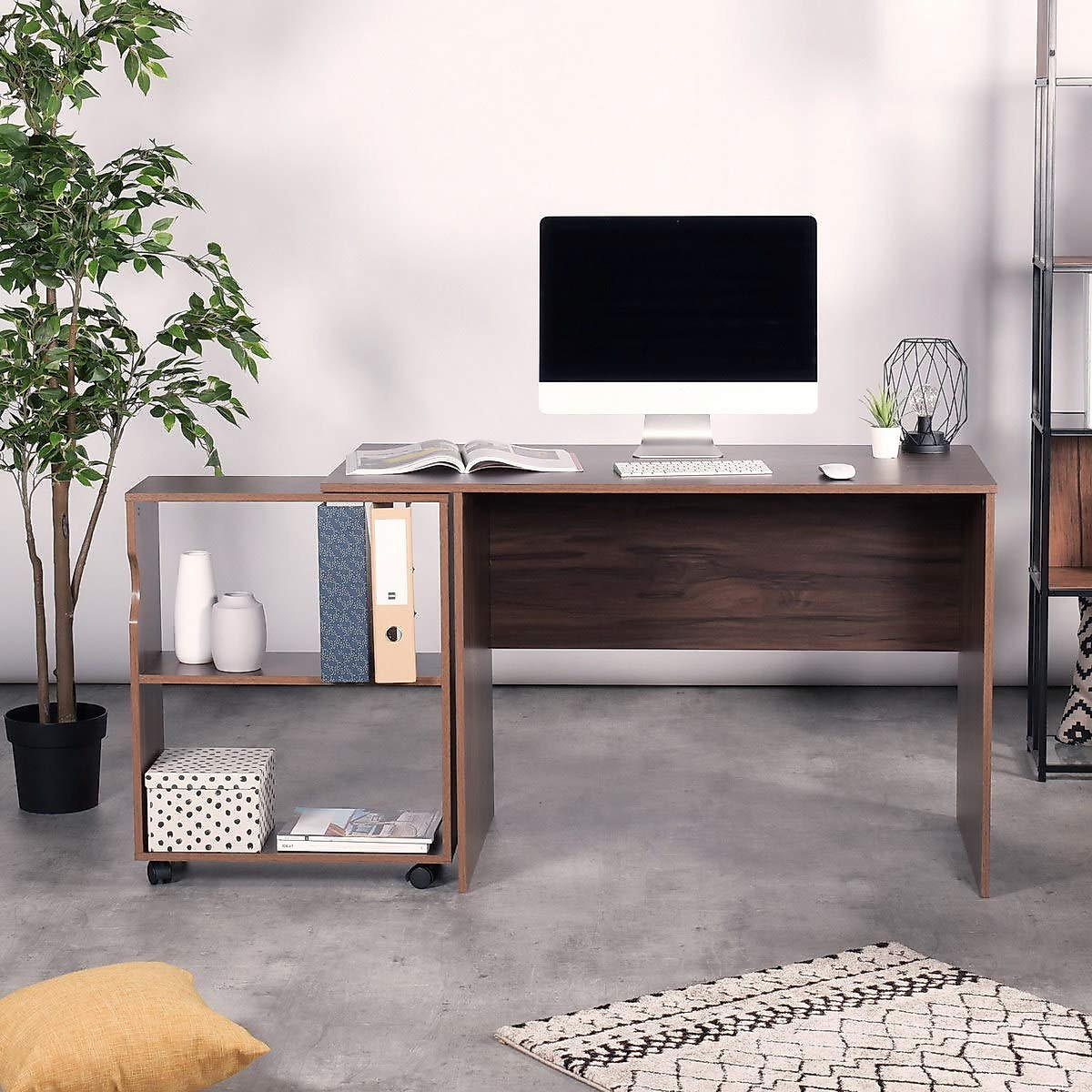 CozyCasa Computer Desk, Writing Study Table Desk with 2-Tier Movable Side Bookshelf for Home Office Modern PC Laptop Notebook Table Workstation Gaming Desk