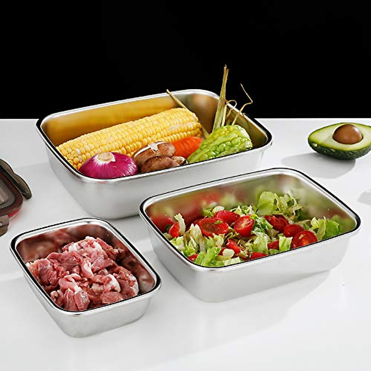 3 Pieces Stainless Steel Food Storage Container with Lids Airtight Metal Food Containers Stackable Meal Prep Leftover Containers for Freezer Fridge Oven Dishwasher Safe 600ml/1500ml/2900ml