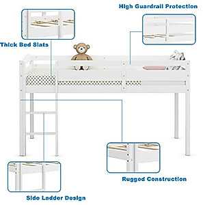 Costzon Twin Loft Bed, Solid Wood Low Loft Bed w/Guard Rail and Ladder, Boys & Girls Twin Bed for Kids Room, No Box Spring Needed, Classic Children Low Loft Bed with Storage for Bedroom, White