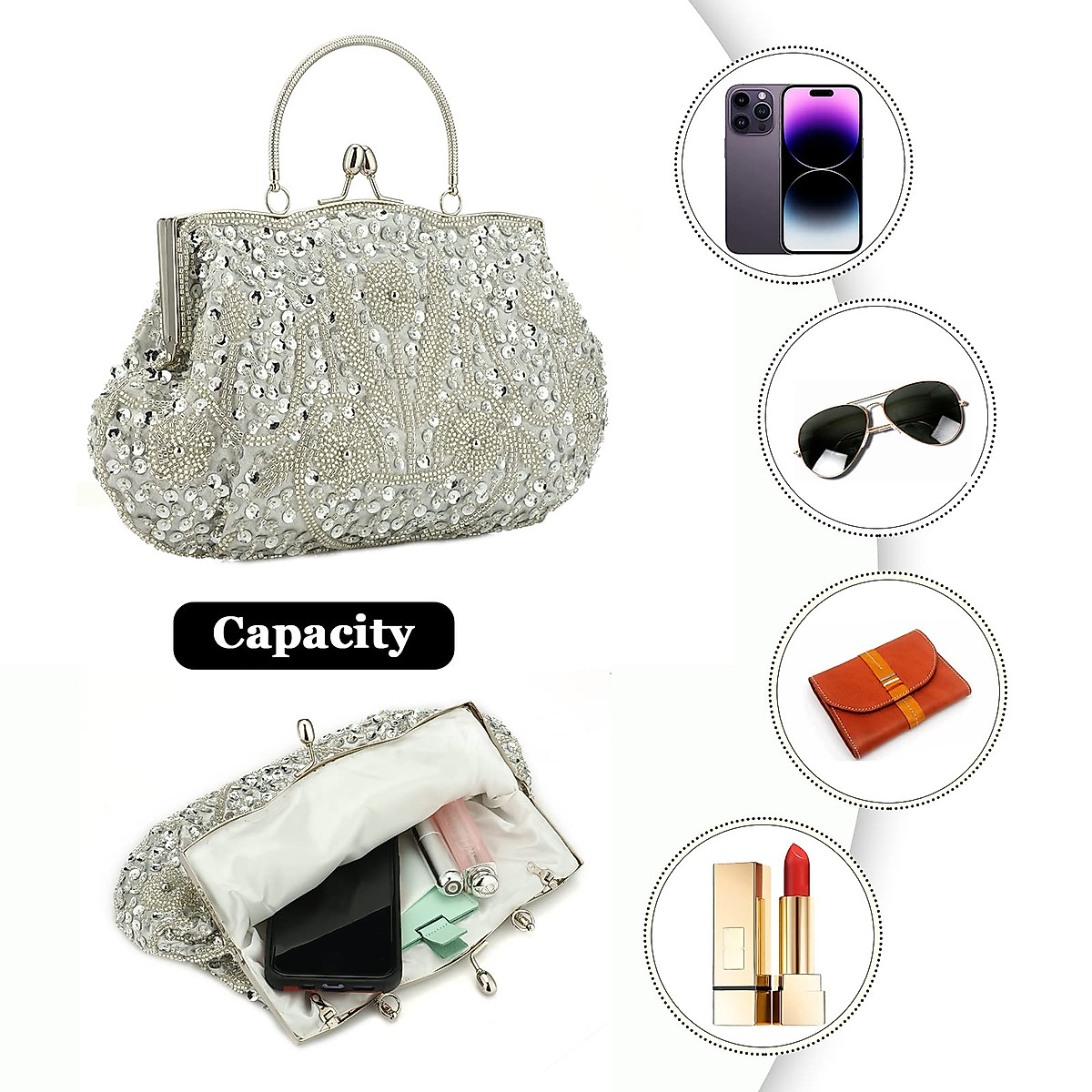 Women Vintage Beaded Evening Clutch Vintage Design Sequin Floral Top-handle Handbag Party Wedding Purse Wallet (Silver)
