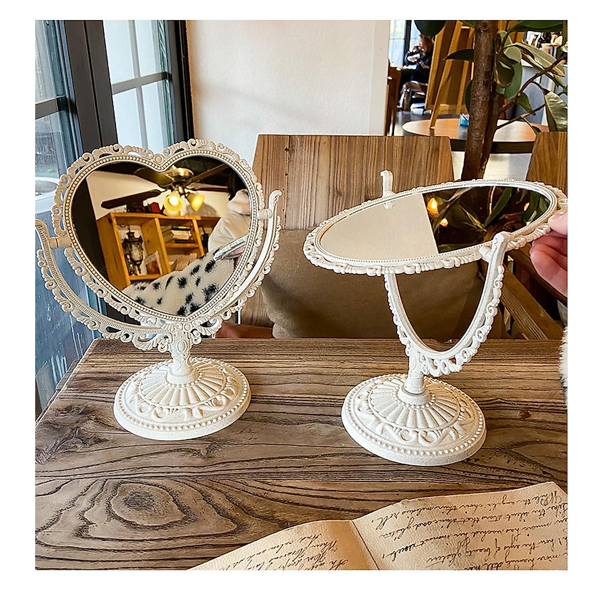 JDPEYI-Heart Shaped Mirror - Coquette Room Decor for Desk & Vanity -Double-Sided Rotatable Cute Magnifying Mirror with Stand (Beige)