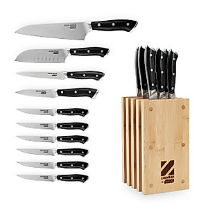 DASH Zakarian by DASH 11-Piece German Steel Kitchen Knife Set with 7" Chef, 5" Santoku, 5" Serrated Utility, 3.5" Paring, 6 Steak Knives and Magnetic Bamboo Knife Block, Black
