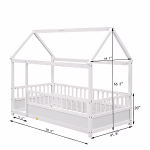 Kids Montessori Bed Twin Size, Twin Floor Bed with High Fence, House Bed for Kids, Girls, Boys, Wood Montessori Floor Bed Without Slats(White Twin)